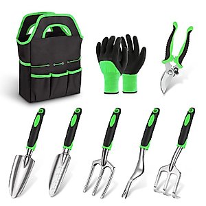 sungwoo Garden Tool Set 8 Piece, Heavy Duty and Lightweight Aluminium Alloy Tools with Ergonomic Handle, Storage Tote Bag, Gardening Hand Tools, Gardening Gifts for Women and Men Green