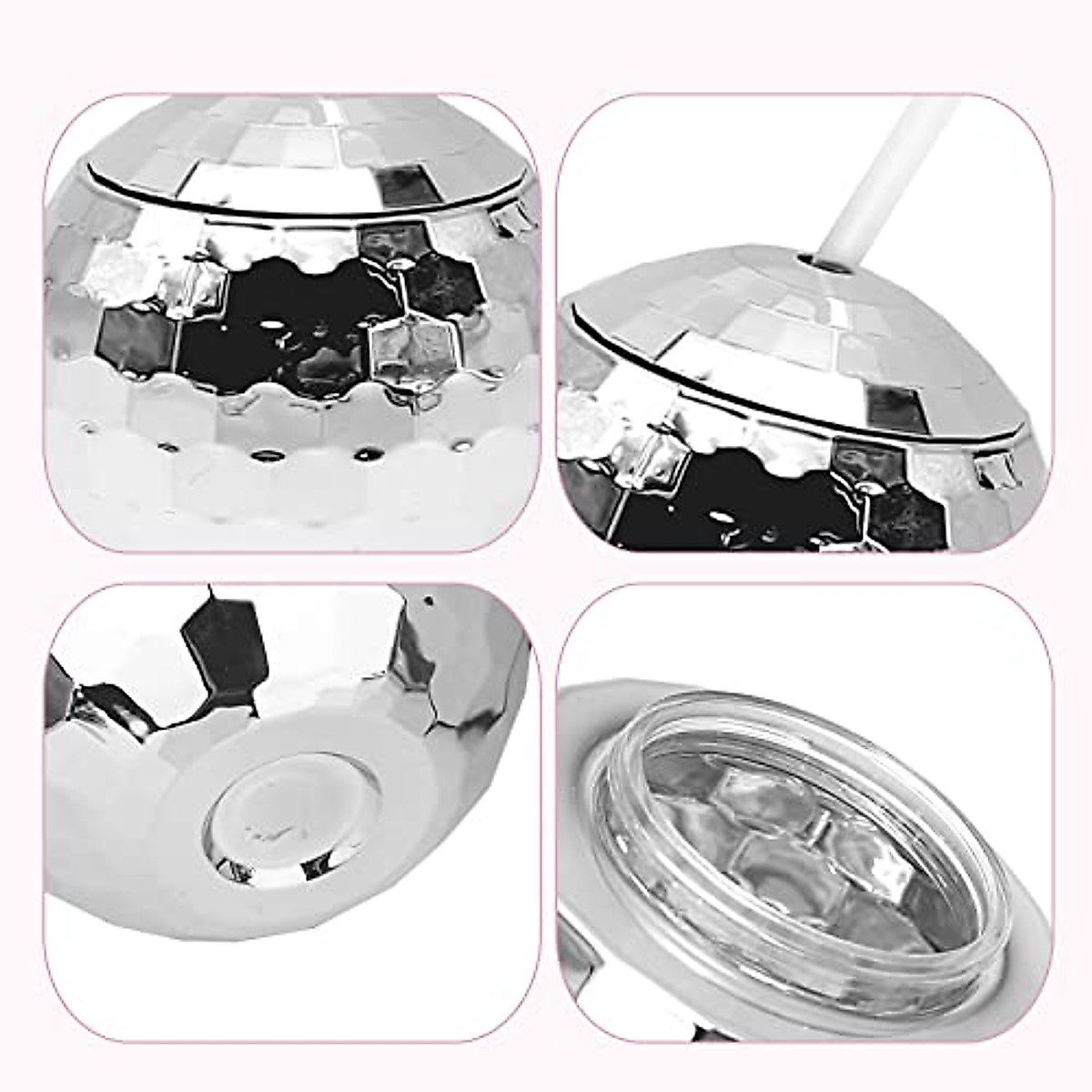 ZUDKSUY Disco Ball Cups Disco Ball Drink Tumbler 1970s Disco Ball Cups with Lid and Straw, Disco Flash Ball Cocktail Cups for Graduation Anniversary Party Wine Cup Tea Bottle, Silver, Set of 4