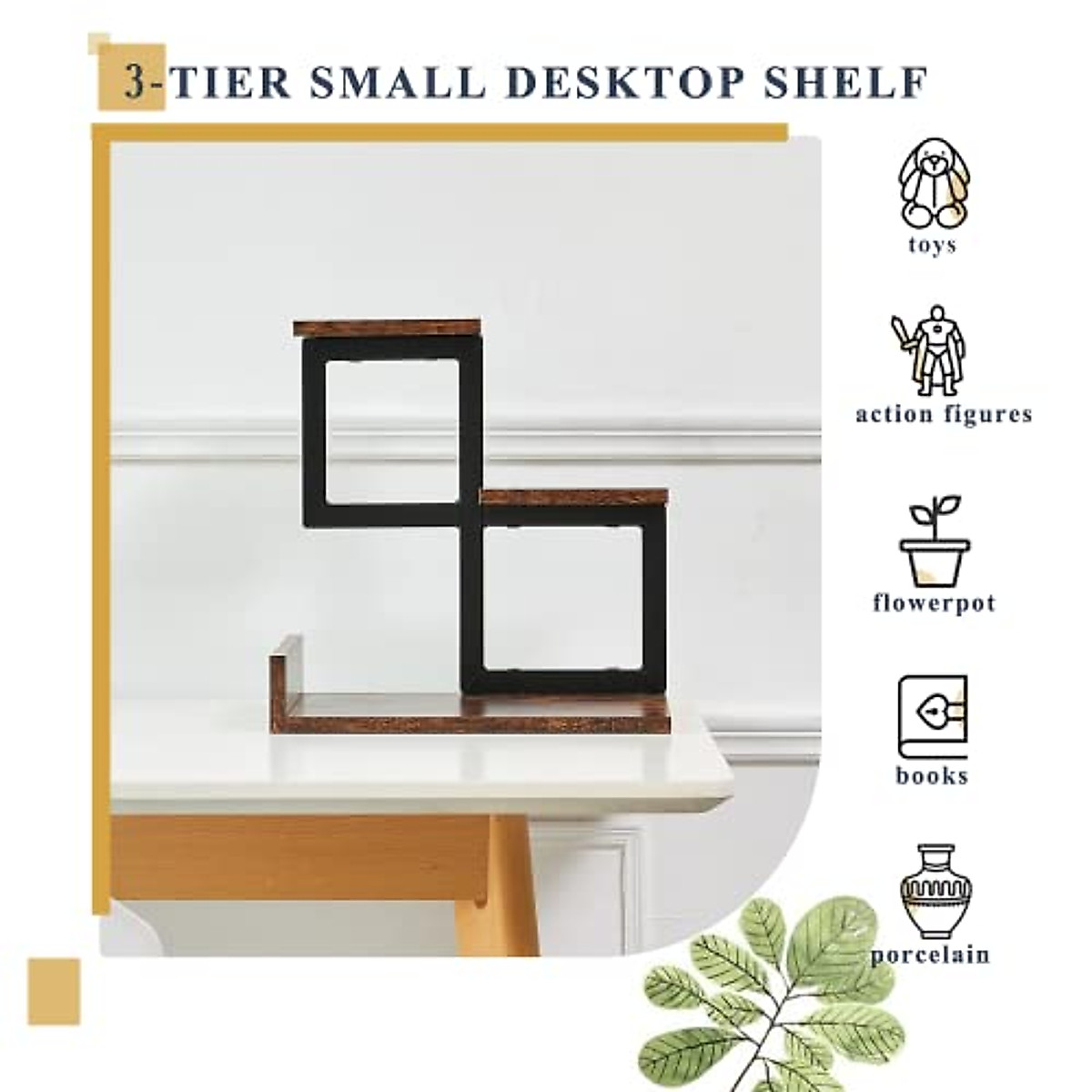 Gannyfer Wood Desktop Shelf - Freestanding Small Bookshelf Desk Supplies Organizers, 3 Tier Storage Display Rack Office Decor, Stand Shelves with Metal Frame for Books/Plants/Toys