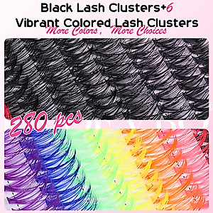 Lash Extension Kit Colored Lash Clusters DIY Eyelash Extension Kit 6 Colors Rainbow Individual Lashes with Bond and Seal and Lash Applicator Colorful Lash Extensions 8-16mm Mixed D Curl Cluster Lashes (Black+Colored) by EYDEVRO
