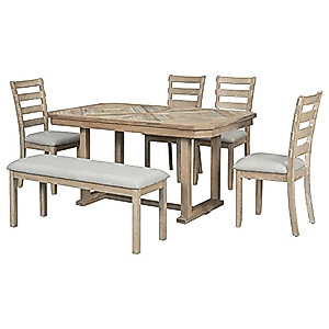 ERDAYE 6-Piece Rubber Dining Table Set with Beautiful Grain Pattern Solid Wood Tabletop and Soft Cushion on Chairs and Bench,Modern Family Kitchen & Dining Room Furniture Suit, Natural Wash