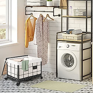 GREENSTELL Storage Basket with Wheels and Lid, 65L Handwoven Large Shelf Basket with Cotton Liner and Metal Frame, Foldable & Easy to Install, Storage Box Basket Bin with Handle Black