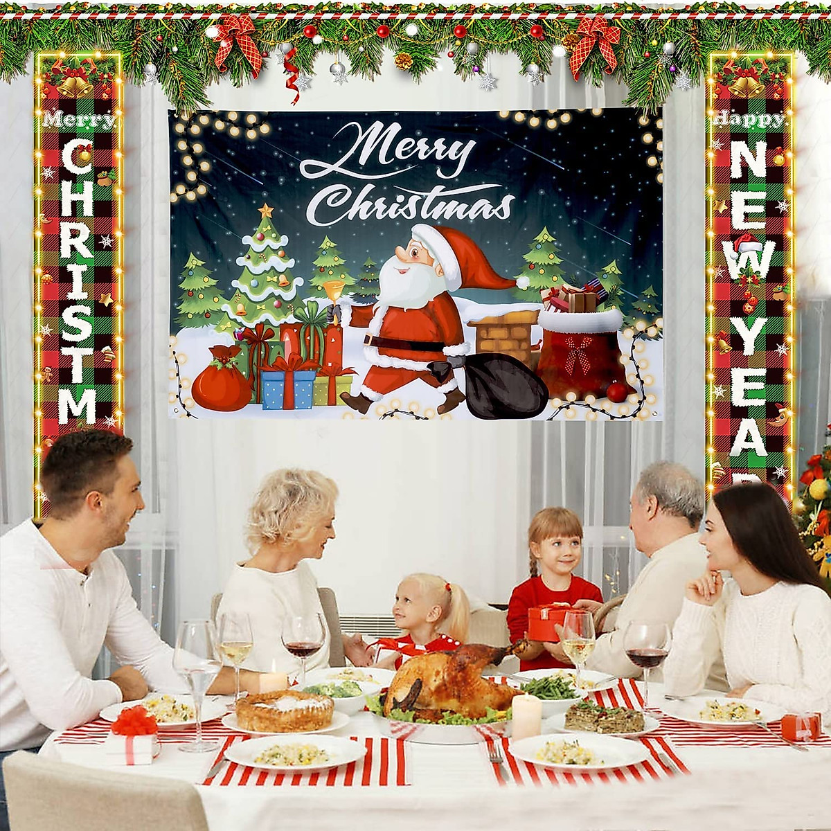 KOKISHIN Christmas Decorations Banner, Merry Christmas Happy New Year Party Decor With string Light for Indoor Outside Front Door Living Room Kitchen Wall Party Sign Decor 72 x 12 Inch