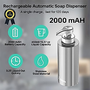 Automatic Soap Dispenser Stainless Steel - Rechargeable Touchless Hand Foam Soap Dispenser, 450mL Foaming Soap Dispenser, Electric Auto Dish Soap Dispenser for Bathroom, Kitchen Sink