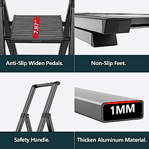 WOA WOA 4-Step Ladder with Widen Pedals, Lightweight Folding Aluminum Ladder with Anti-Slip Feet for Home, Kitchen High Cabinet - 330 lbs Load - Black