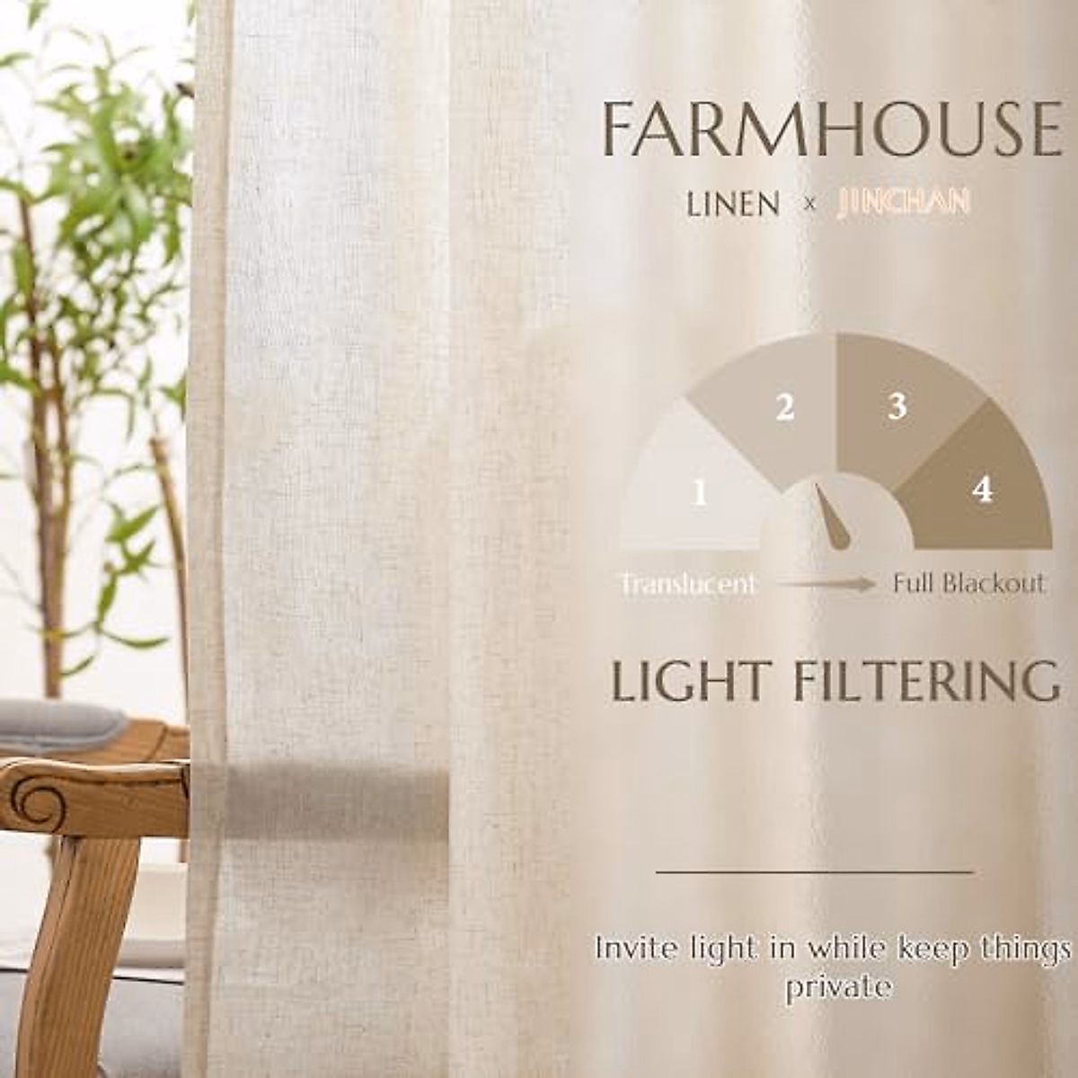 Jinchan Soft Linen Natural Curtains, 84 Inch Long, Crude Light Filtering Farmhouse Curtains for Living Room & Bedroom, Beige Back Tab Top Set 2 Panels (W50 x L84)