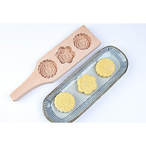 MoonCake Mold Chinese Traditional Mid-autumn Festival Moon Cake Mold 3 Flower Shape Wooden Handmade Baking Mold for Muffin Mooncake Cookie Biscuit Chocolate Pumpkin Pie
