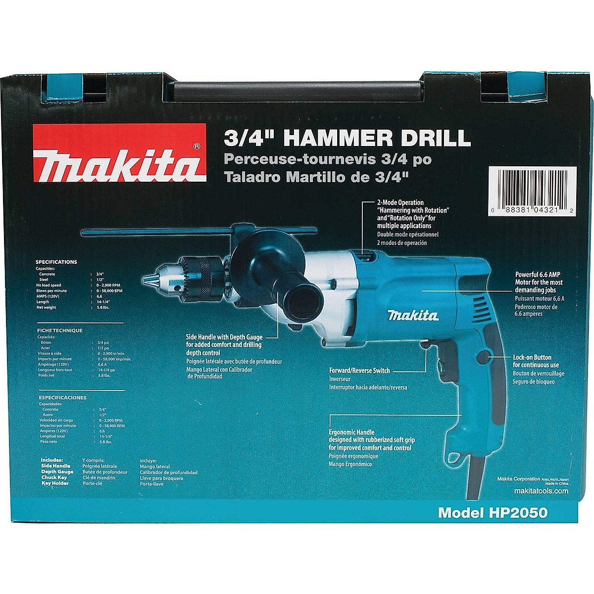 Makita HP2050-R 6.6 Amp 3/4 in. Hammer Drill with Case (Renewed)