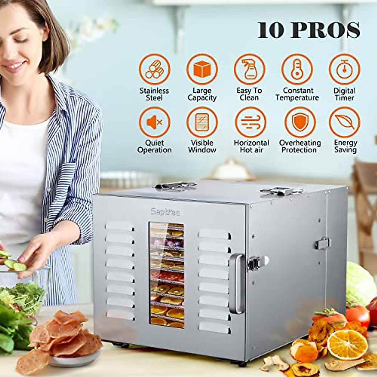 Septree Food Dehydrator for Jerky, Meat, Fruit, Beef, Herbs, and Pet Food, 10 Trays Stainless Steel Commercial Dryer Machine, 1000W, Adjustable Timer, Digital Temperature Control, Over Heat Protection, Silver