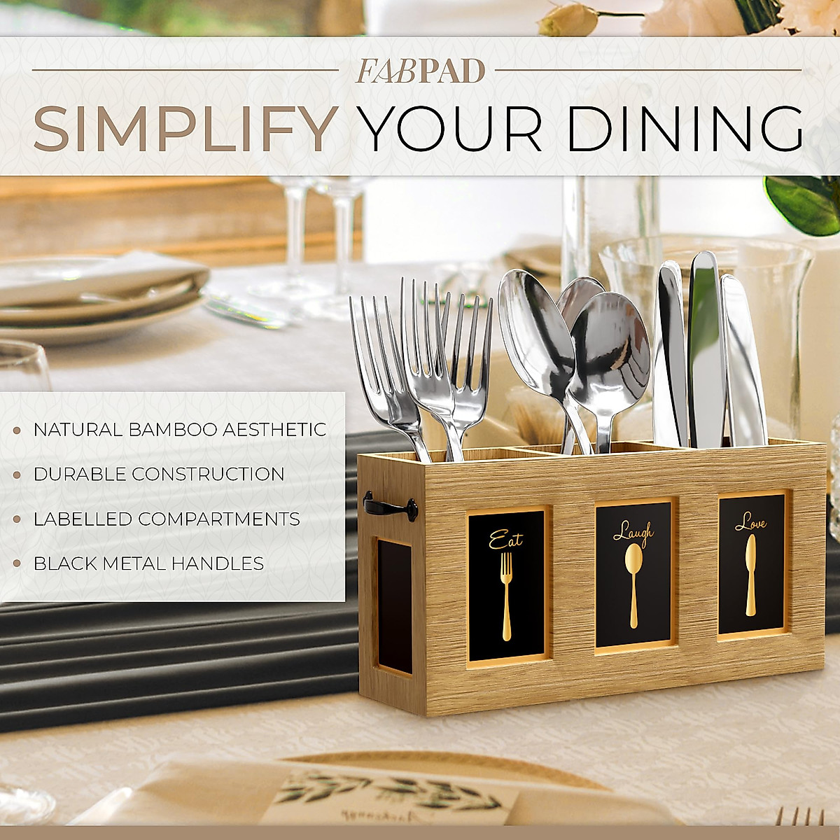 Bamboo Silverware Caddy, Cutlery Holder with Handle - 3 Compartment Utensil Holder and Easy to Clean Spoon Fork Knife Holder - Non-Slip utensil holder for kitchen counter and farmhouse kitchen décor