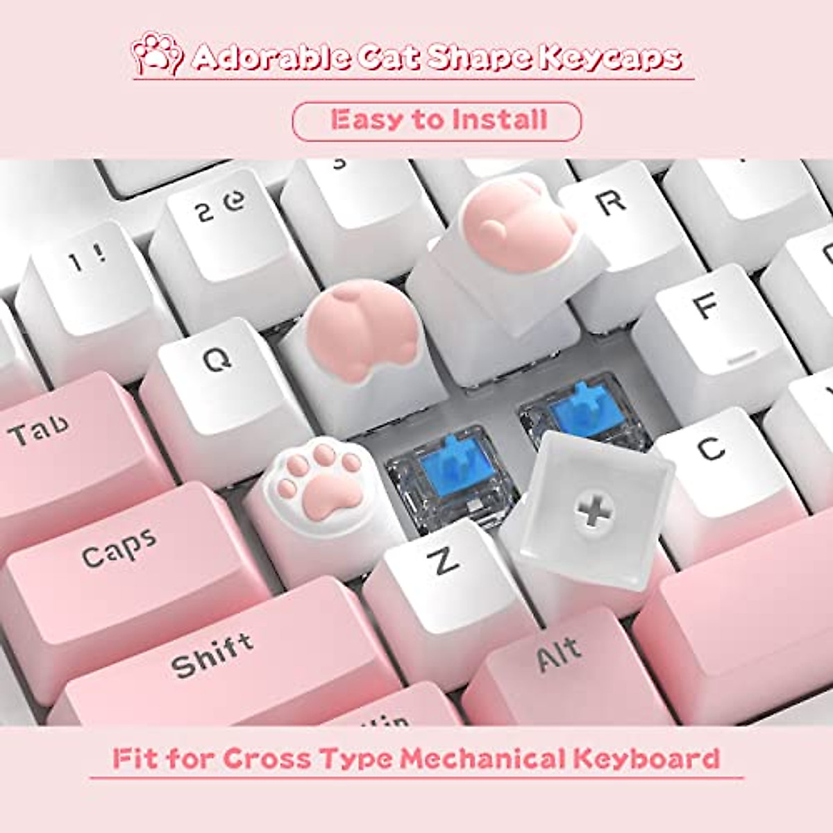 Custom 8 Pcs Cute Cat Claw and Butt Shape PBT&Silicone Keycaps Set Ergonomic OEM R4 Profile for 61/84/96/104 Key AKKO Gateron Kailh Cherry MX Cross Type Switch Mechanical Gaming Keyboard DIY(Pink-8)