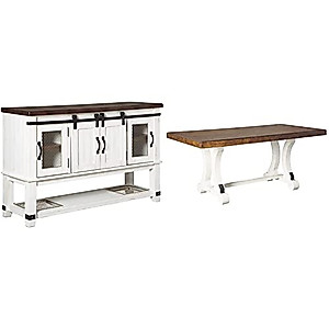 Signature Design by Ashley Valebeck Farmhouse -Dining Room Server or Buffet, White & Brown & Valebeck Farmhouse Rectangular Extension Dining Table, Fits up to 8, White & Brown