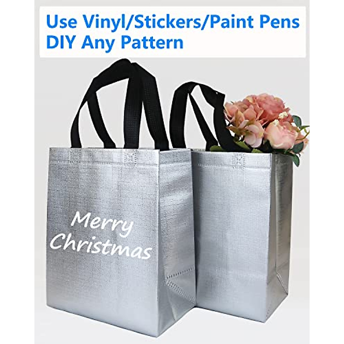 HUANN 6 Pcs Silver Gift Bags Medium Size Shine Reusable Gift Bags with Handles Metallic Glossy Non Woven Gift Bags for Wedding Christmas Party Birthday 8 x 5 x 10 Inch
