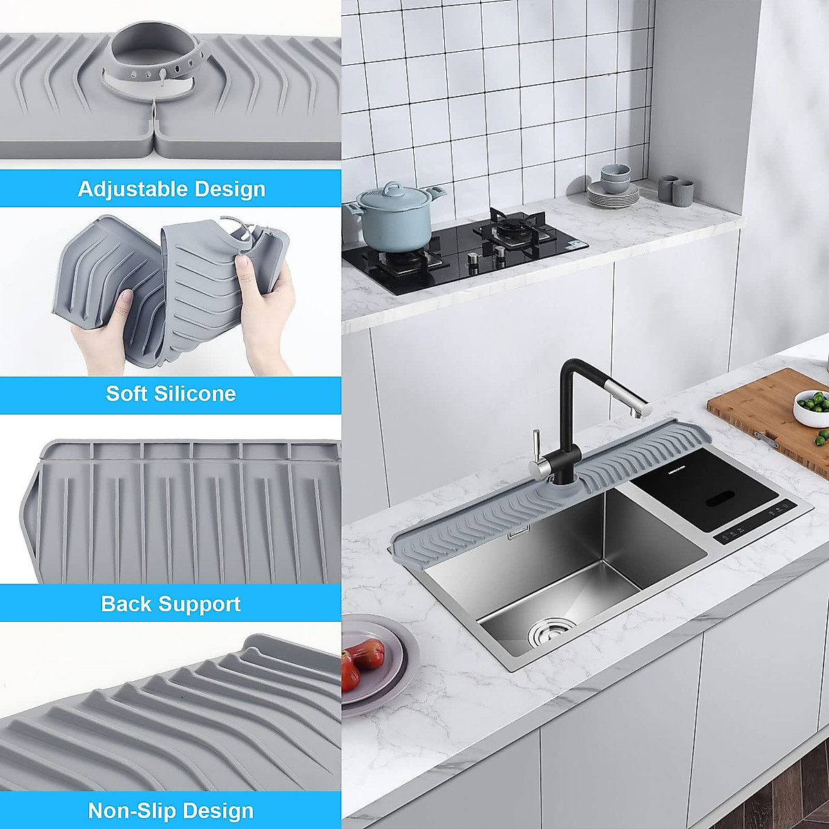 Derlights Silicone Sink Splash Guard Mat,30" X 5.7" Silicone Sink Faucet Mat,Kitchen Faucet Splash Mat,Sink Drain Pad Behind Faucet, Faucet Handle Drip Catcher Tray for Kitchen, Bathroom