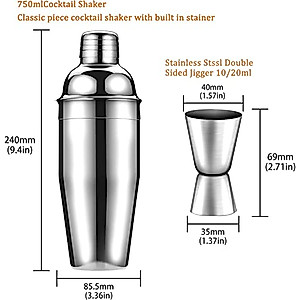 Cocktail Shaker Set Bartender Kit, NICEAO 10-Piece Bar Kit, 25oz Martini Shaker, Mixing Spoon, Double Jigger, Liquor Pourers, Muddler, Strainer and Ice Tongs, Professional Bar Set Tools