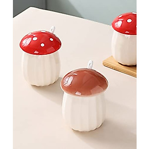 Mozacona Ceramic Mushroom Shape Sugar Bowl Spice Jar Seasoning Pot with Lid Spoon