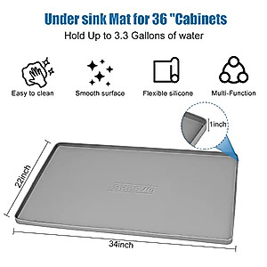BEESVO Under Sink Mat Kitchen & Bathroom Cabinet Liner, 34" x 22" Silicone Waterproof Under Sink Drip Tray, Hold up to 3.3 Gallons Liquid, Cool Grey