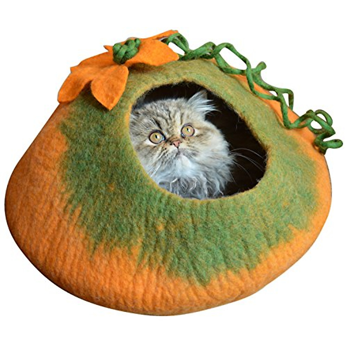 Cat Cave Bed, Orange Green Handmade Felted Merino Wool, Large Covered and Cozy, Also Perfect for Kittens, Includes Bonus Catnip, Original Cat Caves, (Radiant Realm)