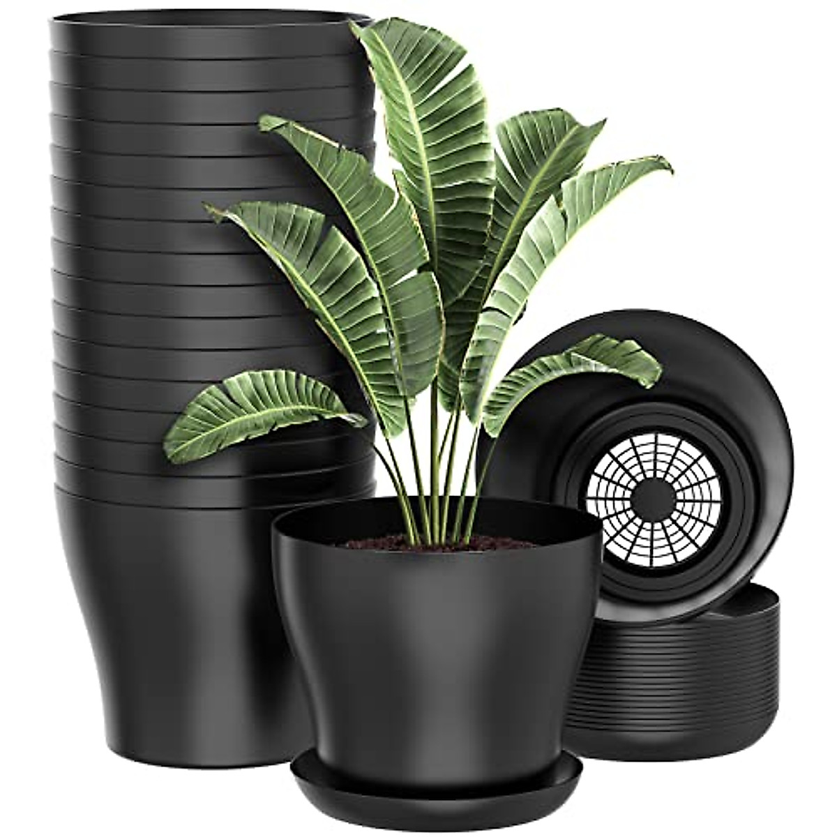 Whonline 20pcs 6.6 Inch Plastic Flowers Pots for Plants, with Drainage Holes and Saucers for Indoor Plants, Outdoor Clearance, Seeding Nursery, Succulents