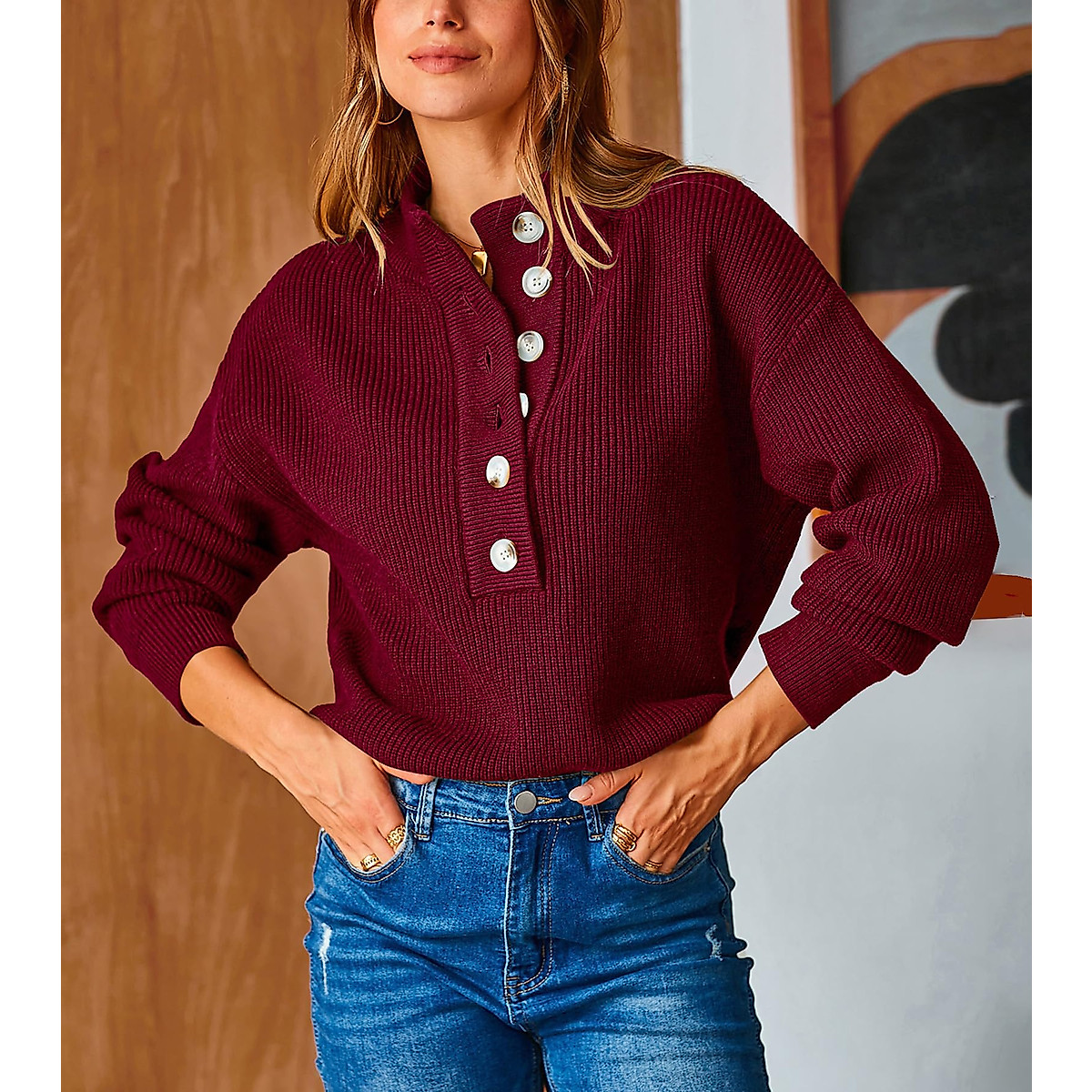 Okiwam Women's V Neck Button Sweater Loose Long Sleeve Cable Knit Pullover Fall Casual Jumper Top