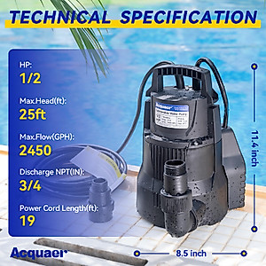 Acquaer 1/2 HP Automatic Sump Pump, 2450 GPH Submersible Water Pump with 3/4”Garden Hose Check Valve Adapter and 19ft Cord, Thermoplastic Utility Transfer Pump for Flooded Basement Pools Tub Draining