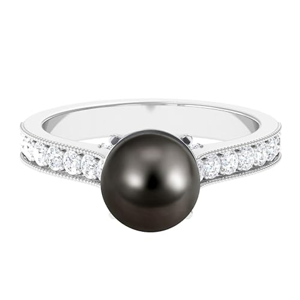 Rosec Jewels Real Tahitian Pearl Solitaire Ring with Diamond, 9 cttw, Aaa Quality, 14K White Gold, Size:US 9.00