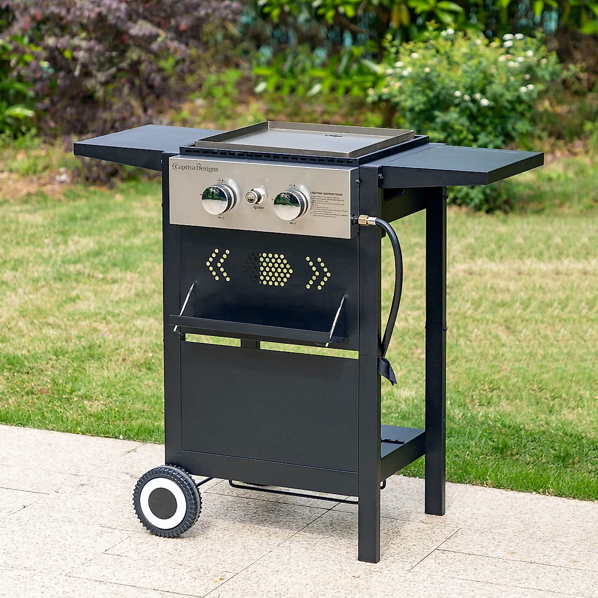 Sophia & William 2-Burner Gas BBQ Grill With Flat Top, Small Outdoor Propane Barbecue Grill with Side Shelves,Lid and Hose & Regulator for Camping, 20,000 BTU,Black