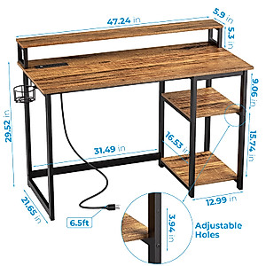 GreenForest Computer Desk with USB Charging Port and Power Outlet, Reversible Home Office Desk with Monitor Stand and Shelves for Small Space, 47 inch Work Desk with Cup Holder and Hook, Walnut