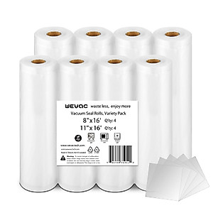Wevac 8 Pack 11" x 16' and 8" x 16', Vacuum Sealer Bags Rolls for Food Saver, Weston, Commercial Grade, BPA Free, Heavy Duty, Great for vac storage, Meal Prep or Sous Vide