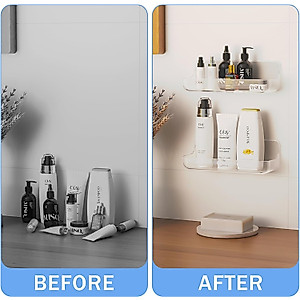 2 Pack Acrylic No Drill Adhesive Shelf, Wall Mount Organizer Shower Bathroom Shelves, Clear Stick On Shelf for Kitchen, Living Room