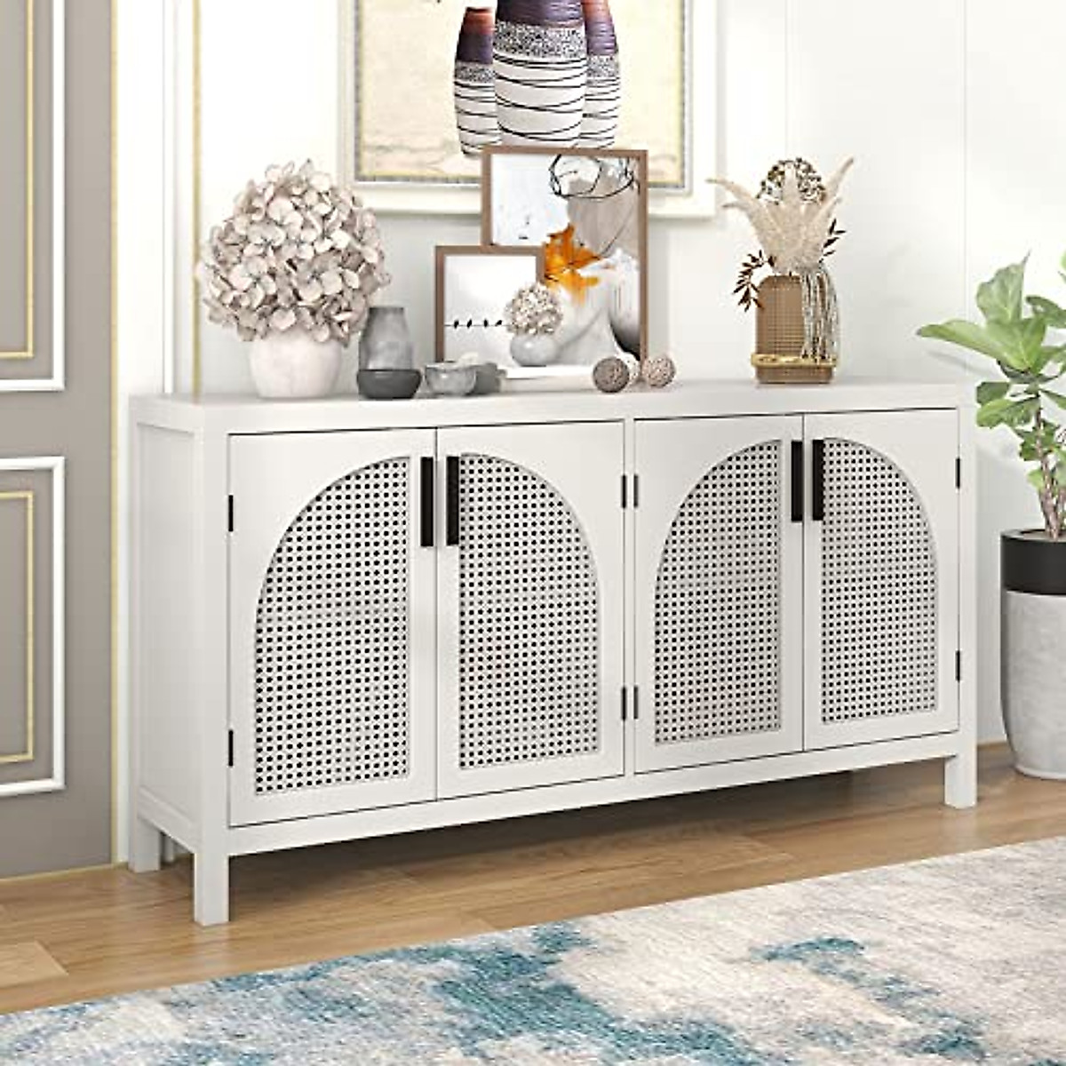 Foyer Tables for Entryway 58 Inch Modern Sideboard Buffet Table Storage Cabinet Console Sofa Table with Adjustable Shelves for Kitchen Living Room, Dining Room, Bedroom, and Hallway, White