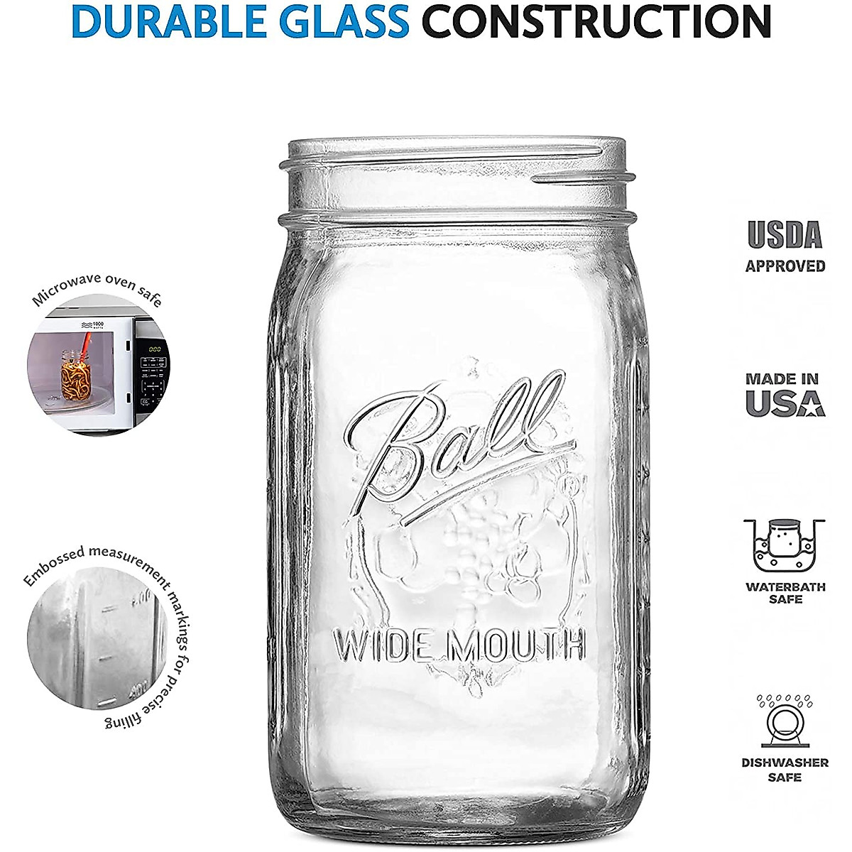 ball mason 4 Ball Mason Jar - 32 oz. Clear glass jars with wide mouth lips, with 4 lip colors and Lyeusa cleaning brush Clear glass container