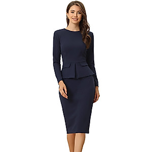 Allegra K Women's Bodycon Pencil Dress Round Neck Long Sleeve Peplum Wear to Work Office Sheath Dress Small Navy Blue