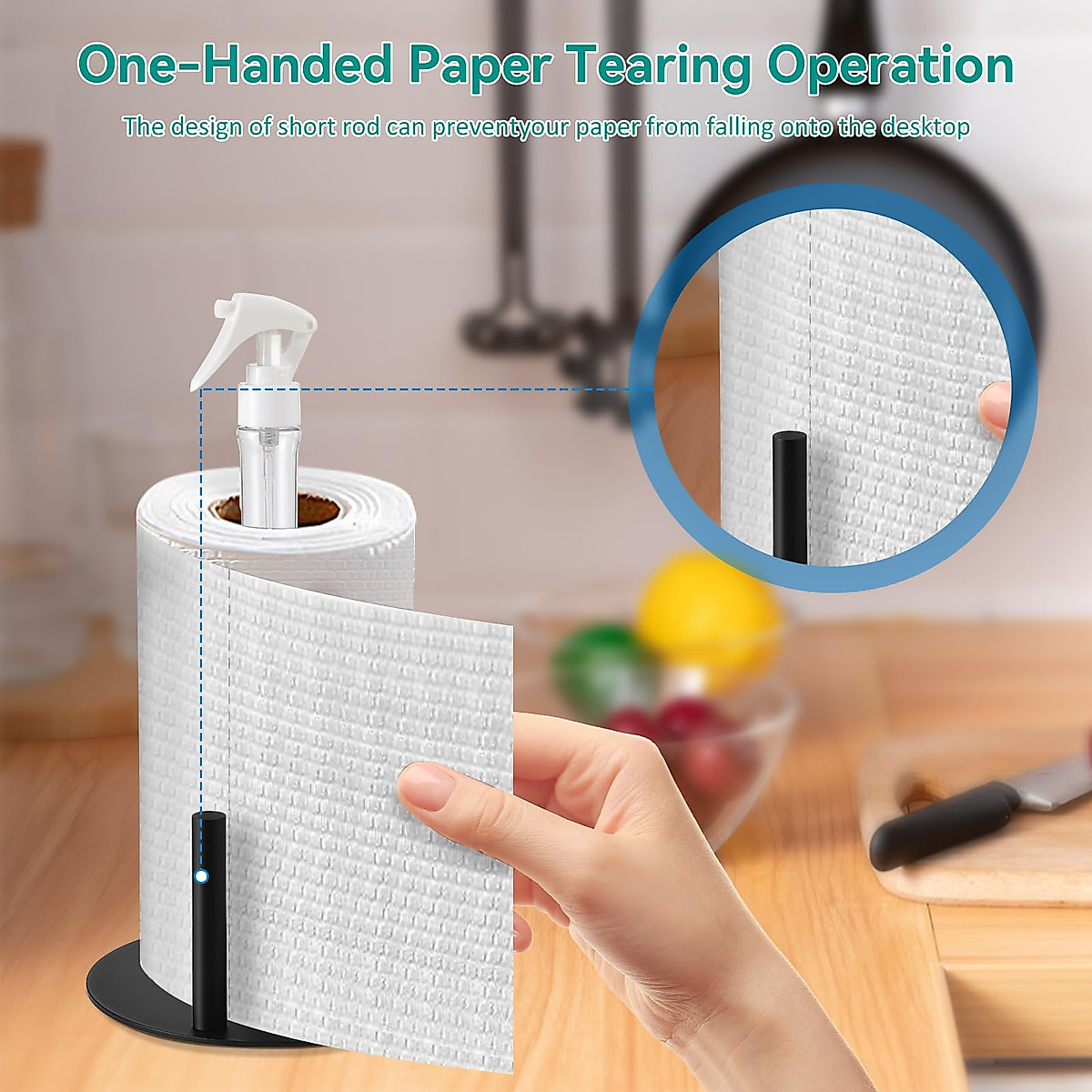 Ceuku Paper Towel Holder Countertop with Spray Bottle Paper Towel Stand with Weighted Base for Kitchen Bathroom, One-Handed Tear Stainless Steel Paper Towel Holder