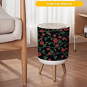 Small Trash Can with Lid Red Rose Floral Seamless with Climbing Curly Flower Green Leaf and Wood Legs Press Cover Garbage Bin Round Waste Bin Wastebasket for Kitchen Bathroom Office 7L/1.8 Gallon