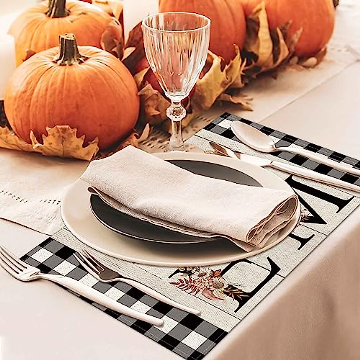 Fall Placemats Set of 4,12x18 Inch Home Sweet Home Buffalo Plaid with Pumpkin Heat-Resistant Place Mats,Seasonal Autumn Table Decors for Farmhouse Kitchen Dining Thanksgiving Holiday Party