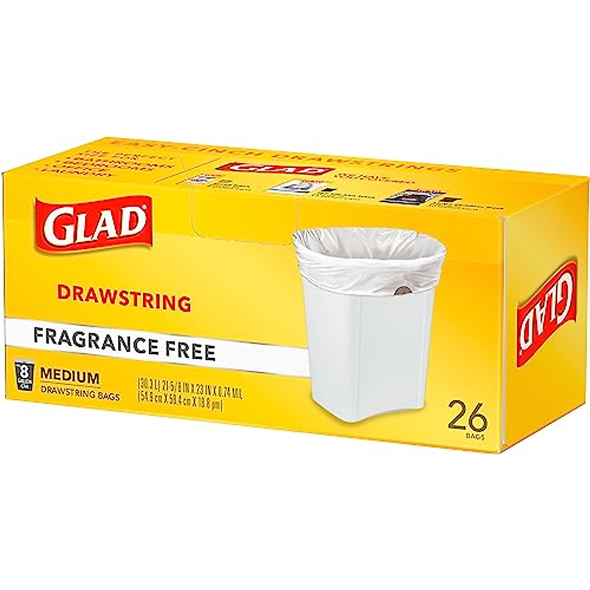 Glad Medium Drawstring Trash Bags, 8 Gallon, White, Fragrance Free, 26 Count, Pack May Vary