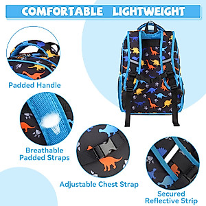 VASCHY School Backpack for Boys, 16in Water Resistant Backpack for Kids Preschool/Primary/Elementary School Bookbag with Tablet Sleeve Black Dino