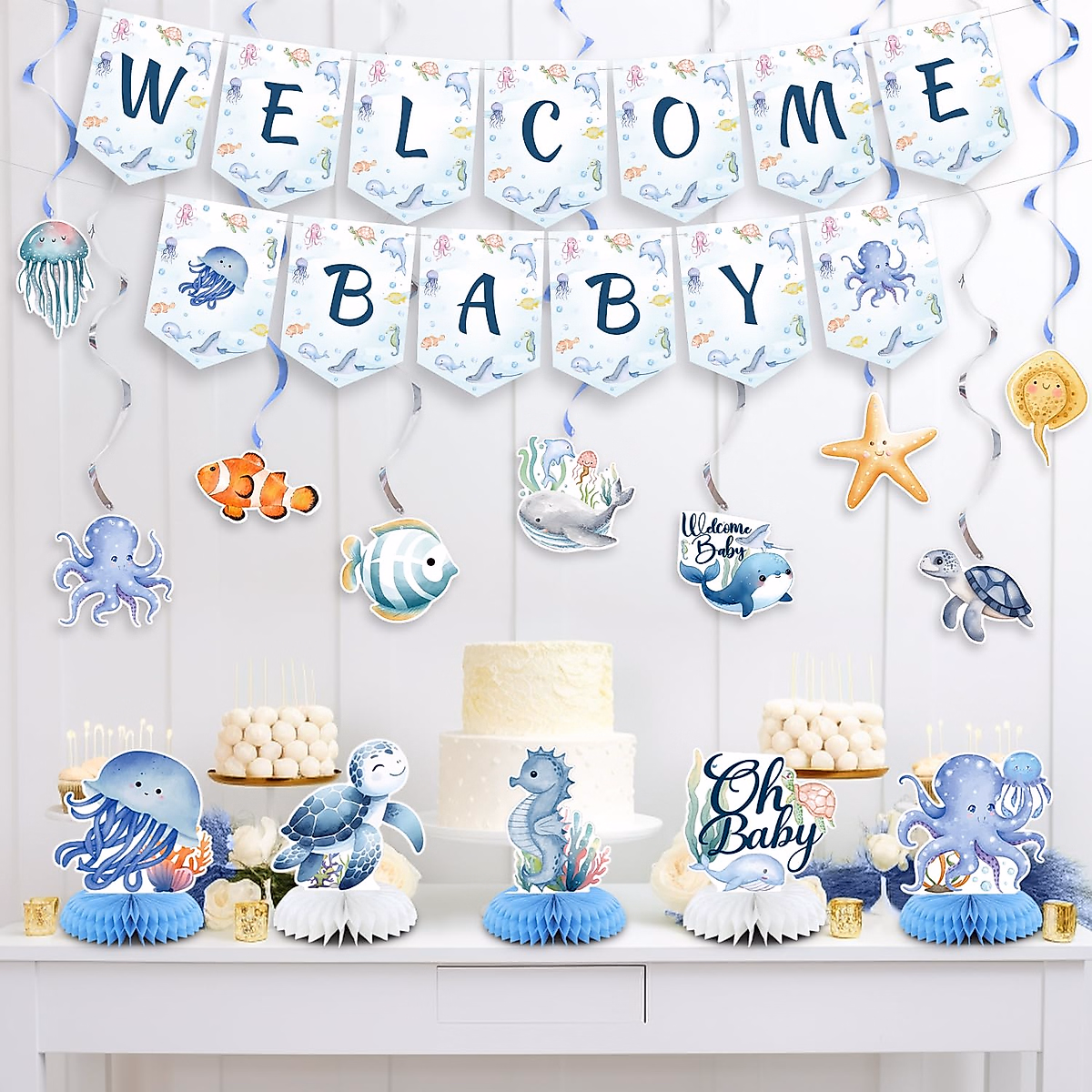 Under the Sea Baby Shower Decorations, Ocean Animals Decorations Include Welcome Baby Banner Hanging Swirls and Honeycomb Centerpiece, Under the Sea Baby Shower Supplies