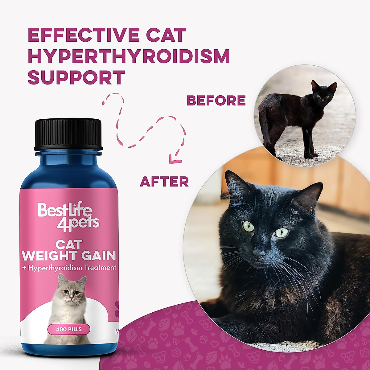 Cat Weight Gain & Hyperthyroidism Treatment - Safe and Effective Cat Appetite Stimulant, Thyroid and Metabolic Support, and Cat Weight Management Remedy - 400 All-Natural Odorless, Tasteless Pills