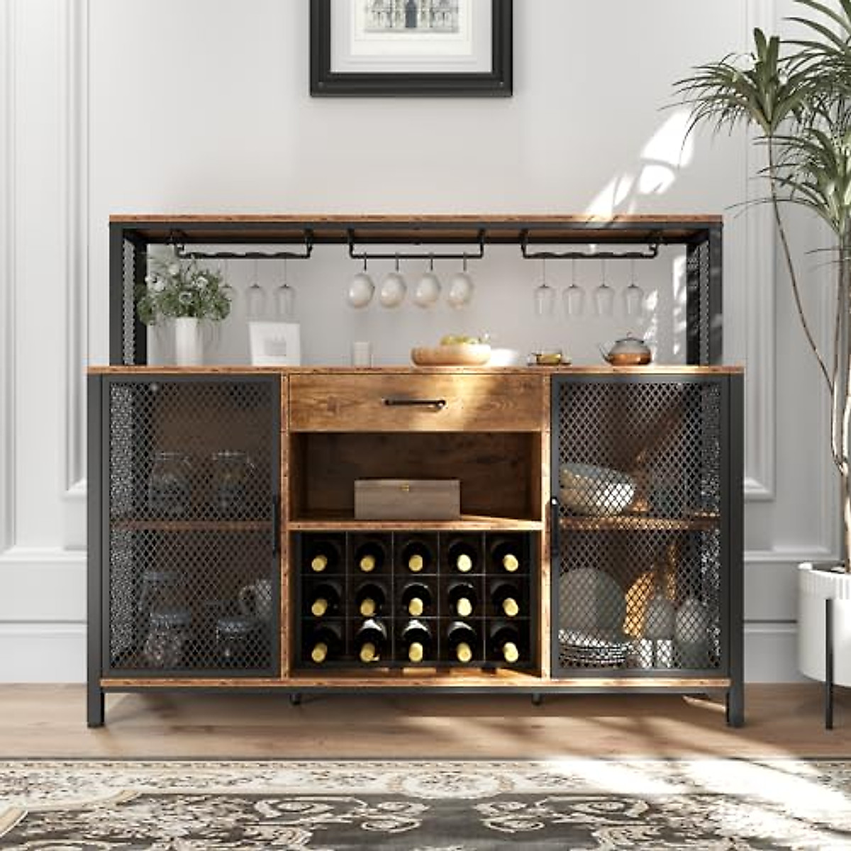 Gyfimoie Wine Bar Cabinet with Drawer and LED Lights, 55 Inches Industry Coffee Bar Cabinet with Wine Rack and Glass Goblet Holder, Kitchen Sideboard Buffet Cabinet for Liquor and Goblet