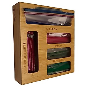 Ziplock Bag Storage Organizer w/ 5 Compartments – Water Resistant Bamboo Ziplock Bag Organizer for Drawer – Gallon, Snack, Quart, Sandwich, Slider Quart Snack Organizer - Kitchen Accessories Organizer