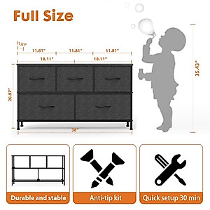 Dresser for Bedroom, Dresser for Kids Room, 5 Drawers Dresser Chest of Drawers for Bedroom, Metal Frame and Wood Top for TV Stand up to 45 inch with Fabric Storage Drawer Units for Living Room