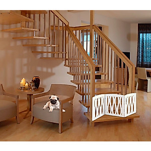 Wooden Pet Gate, Foldable and Freestanding, For Indoor Home and Office Use. Keeps Pets Safe [White Cascade Wave Decorative Design. Easy Set Up, No Tools Required]