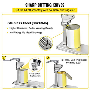 VEVOR Commercial Can Opener, 23.2"/59cm Long, Stainless Steel Manual Table Can Opener for Up to 15.7"/40cm Tall, Fixed with Clamp or Screws, Ergonomic Swing Handle & One Spare Knife, for Restaurants