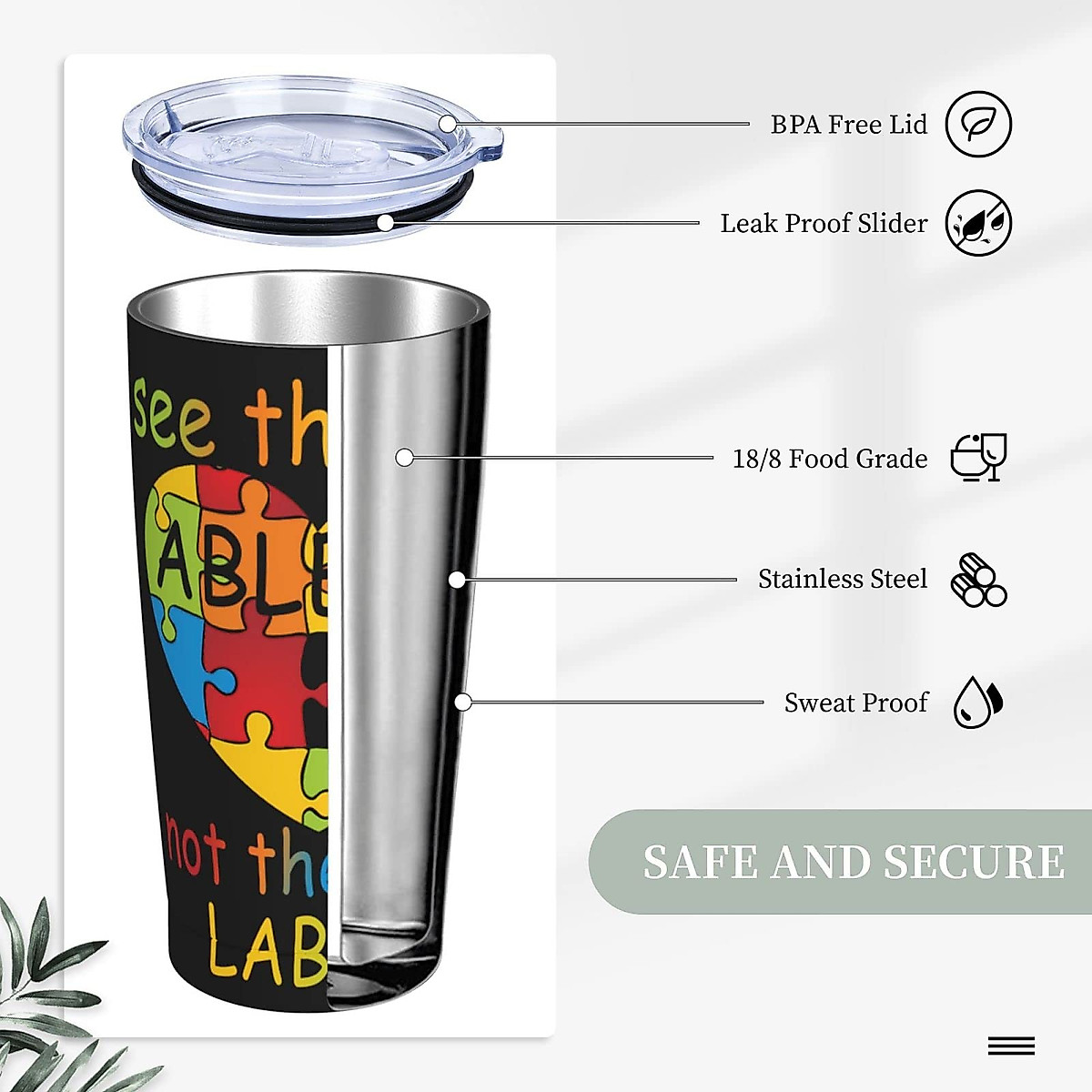 See The Able Not The Label Autism Coffee Cup,With Lid Spill Proof And Straw Thermos Cup Stainless Steel Water Bottle Reusable Auto Mug Travel Mug-20oz