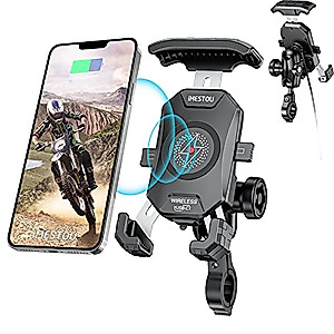 iMESTOU Anti-Theft Motorcycle Wireless Phone Mount Charger 15W & USB C 3A Handlebar 1" Ball Stem Phone Holder Works with 12V/24V Vehicle/USB Socket 720 Rotation Quick Charge for 4.0-7.0" Cellphones
