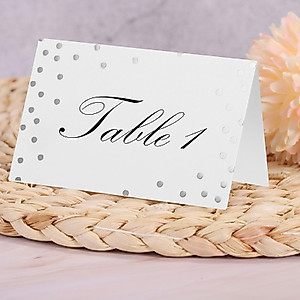 MECCANIXITY 40pcs Place Cards, Line Border Printable Place Name Cards for Table Setting Wedding Dinner Parties Events Reserved Seating, White Silver Dots