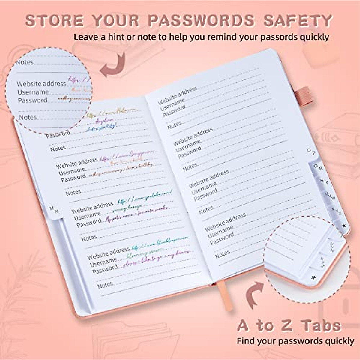 YHCFLY Password Book with Alphabetical tabs, Hardcover Internet Address & Password Organizer Logbook, Medium Size Password Keeper Notebook Journal for Home Office (Peach Pink)