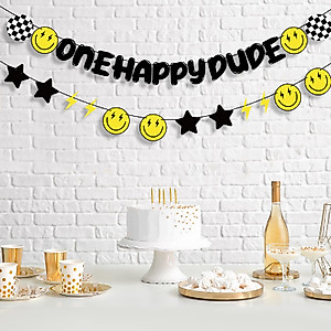 Crowye 28 Pcs One Happy Dude Birthday Decorations One Happy Dude 1st Birthday Banner Smile Face Hippie Happy First Birthday Banner for Baby Shower Birthday Party Decoration Supplies